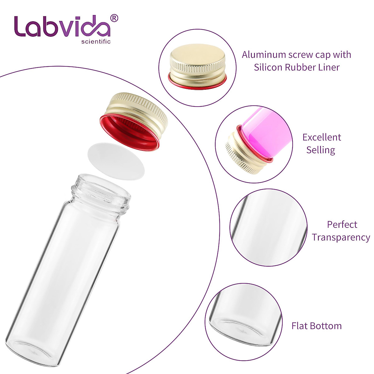 Labvida 25ml Clear Glass Vials with Plastic Stoppers, 20 Pack Glass Vials with Screw Caps, Leak-Proof Small Glass Lab Vials, Liquid Sample Vials for Essential Oil, Reagent, Seeds, LVH008