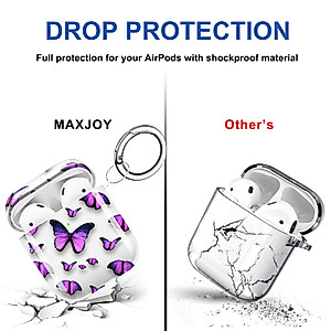 Maxjoy for AirPods Case Cover, Clear AirPod Case for Women Girly Cute Soft Protective Transparent iPod Case with Keychain Clip for AirPods 2nd 1st Generation Charging Case 2&1, Purple Butterfly