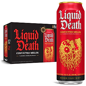 Liquid Death, Convicted Melon Sparkling Water, Watermelon Flavored Sparkling Beverage Sweetened With Real Agave, Low Calorie & Low Sugar, 8-Pack (King Size 19.2oz Cans)
