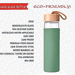 Yomious 20 Oz Borosilicate Glass Water Bottle with Bamboo Lid and Silicone Sleeve – Reusable BPA Free – Glass Drinking Bottle with Lids - Cute Glass Bottle for Women - Glass Shaker Bottle