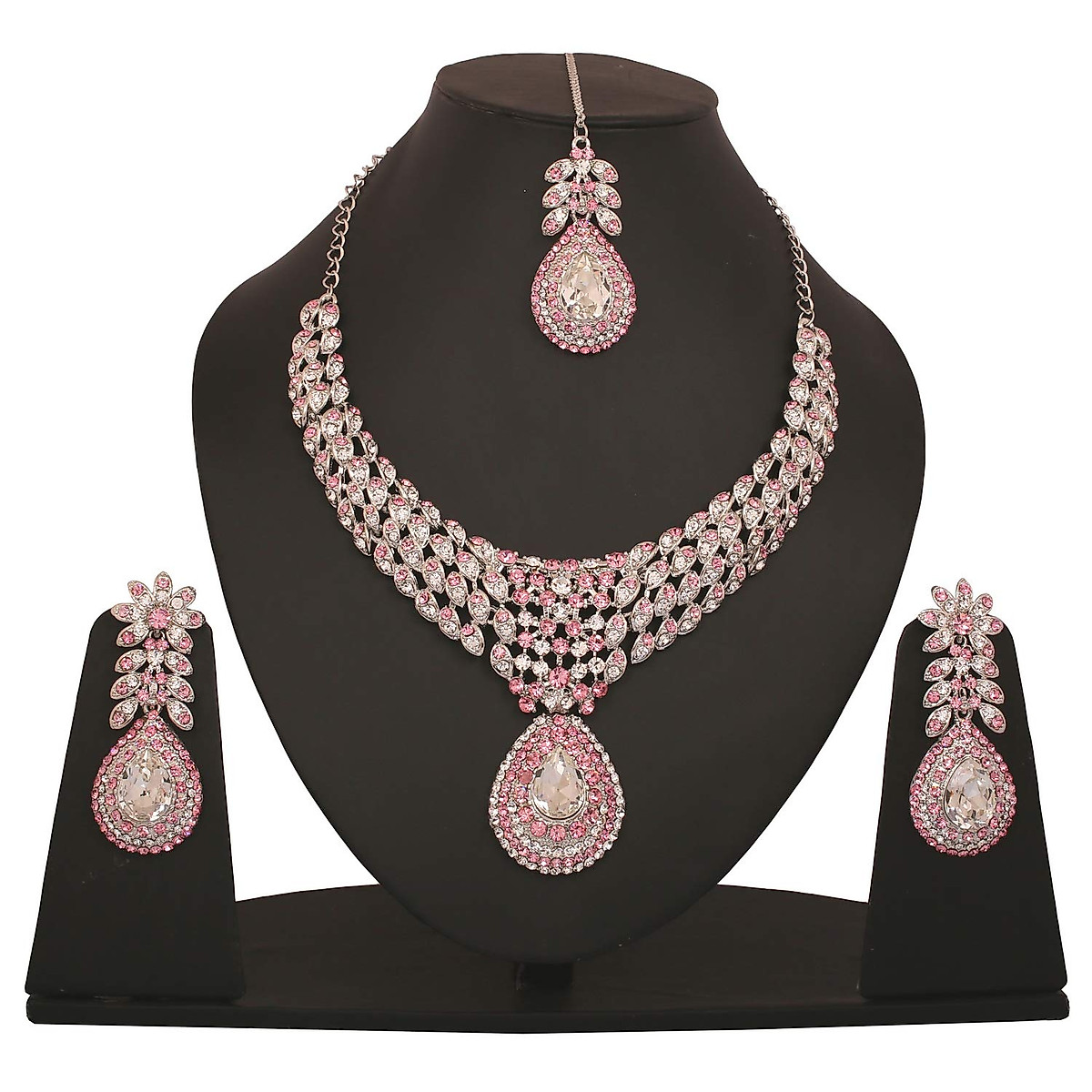 Touchstone Indian wedding jewelry sets for women necklace bollywood jewellery set pink and silver desi bridal designer necklaces earrings artificial joyeria rhinestone crystal fancy in white tone
