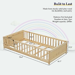 Tatub Twin Floor Bed with Slats, Montessori Bed with Rails, Kids Floor Bed with Built-in Book Storage Rack, Solid Wood Montessori Bed Frame with Door, Nature