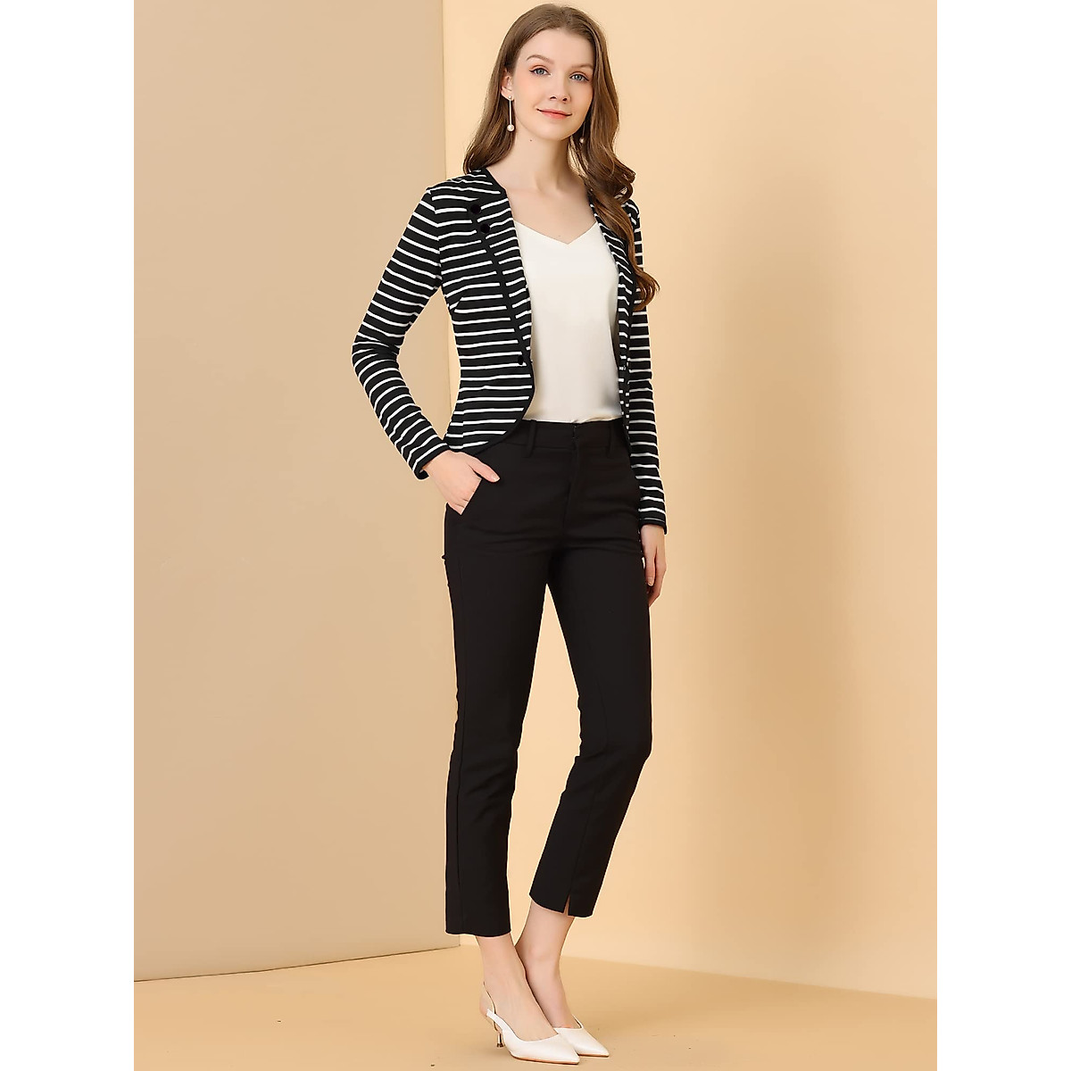 Allegra K Women's Notched Lapel Casual Work Office Striped Blazer X-Small Black