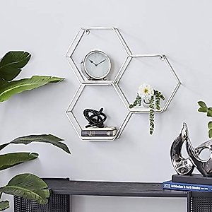 Deco 79 Marble Hexagon 3 Marble Shelves Wall Shelf, 26" x 5" x 24", Silver