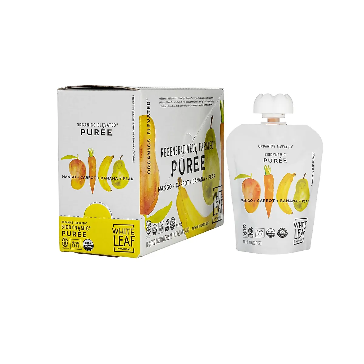 White Leaf Provisions Biodynamic & Organic Baby Food Pouches - USDA, GMO & BPA Free Squeezable Toddler Snacks - 24 x 90 grams (24 Pouches, Mango + Carrot + Banana + Pear)