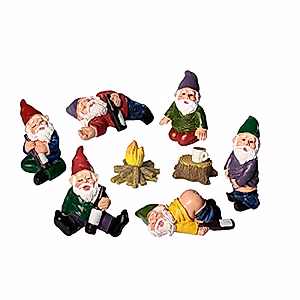 Arggidan 9pcs Miniature Gnomes Sets with Fire and Furniture - for Fairy Garden Decoration and Home Ornament