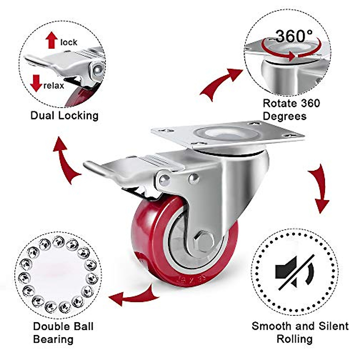 D&L 3 Inch Plate Swivel Casters Wheels 1400lbs Heavy Duty Casters with Brake Polyurethane Dual Locking Casters Set of 4 Red DL-I3-001R