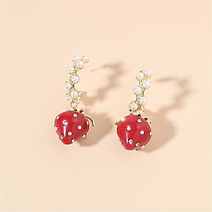 JOYA GIFT 3D Red Strawberry Earrings C Gold Pearl Red Strawberry Earrings Fruit Fashion Drop Dangle Earrings for Women