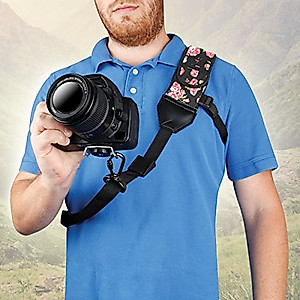 USA GEAR Camera Sling Shoulder Strap with Adjustable Neoprene, Safety Tether, Accessory Pocket, Quick Release Buckle - Compatible with Canon, Nikon, Sony and More DSLR and Mirrorless Cameras (Floral)