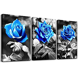 Bedroom Wall Art For Living Room Bathroom Wall Decor For Kitchen Family Pictures Artwork Black And White Blue Rose Flowers Canvas Paintings 12" X 16" 3 Pieces Framed Modern Office Home Decorations