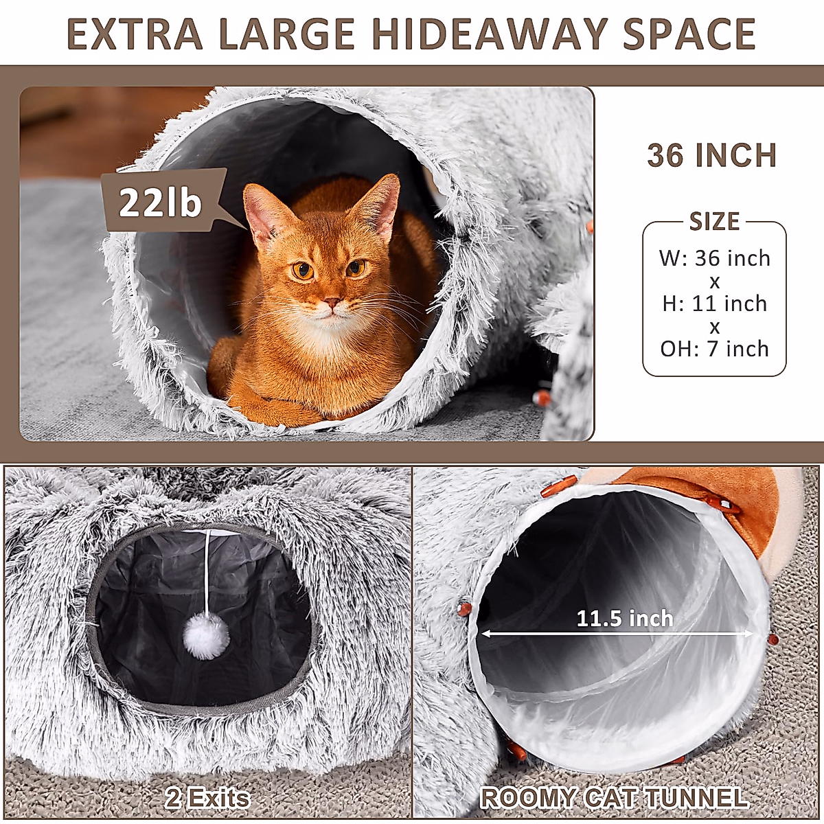NEZIN Cat Tunnel with Cat Bed for Indoor Cats, Under Christmas Tree Plush Peekaboo Cat Cave, Multifunctional Cat Donut Tunnel Playground Toys for Cats Kitten Rabbit Ferret, Grey