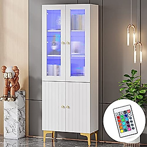 Tribesigns Bookcase with Doors and LED Light, White Bookshelf with 5-Tier Storage Shelves, Freestanding Tall Storage Cabinet for Living Room, Office, Bathroom