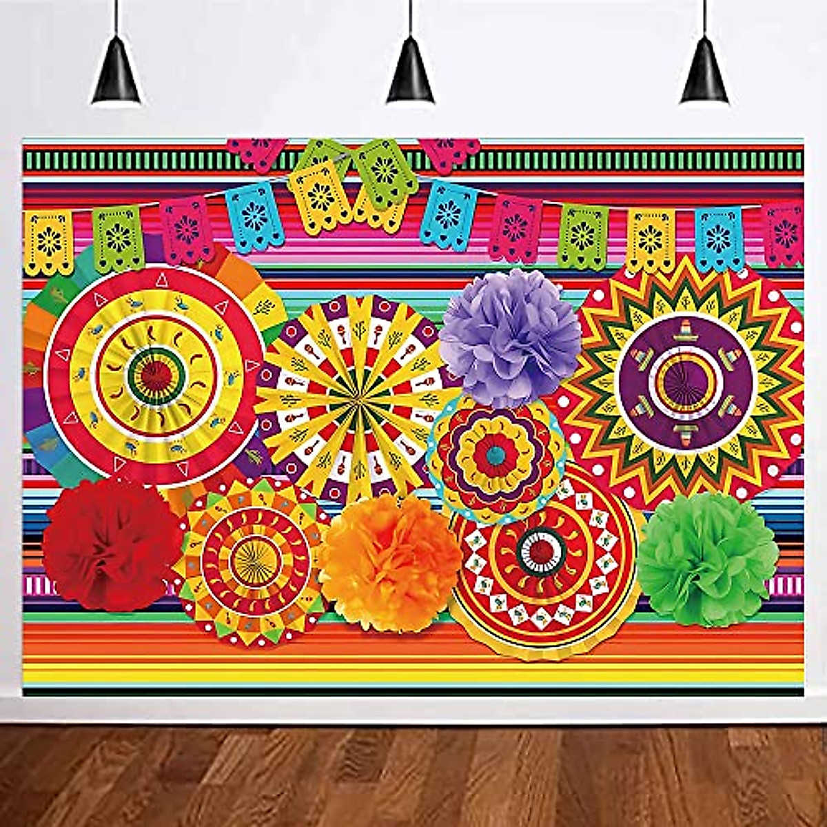 MAQTT Mexican Fiesta Backdrop for Party Decoration Coloful Horizontal Stripes Flags and Fiesta Paper Fans Photography Background for Weding or Baby Shower Supplies 7x5ft