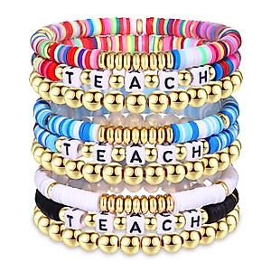 NLCAC 9 Pack Heishi Teacher Bracelets Stackable Rainbow Heishi Teach Beaded Stretchy Bracelet Preppy Jewelry Back to School Teacher Appreciation Gifts Rainbow