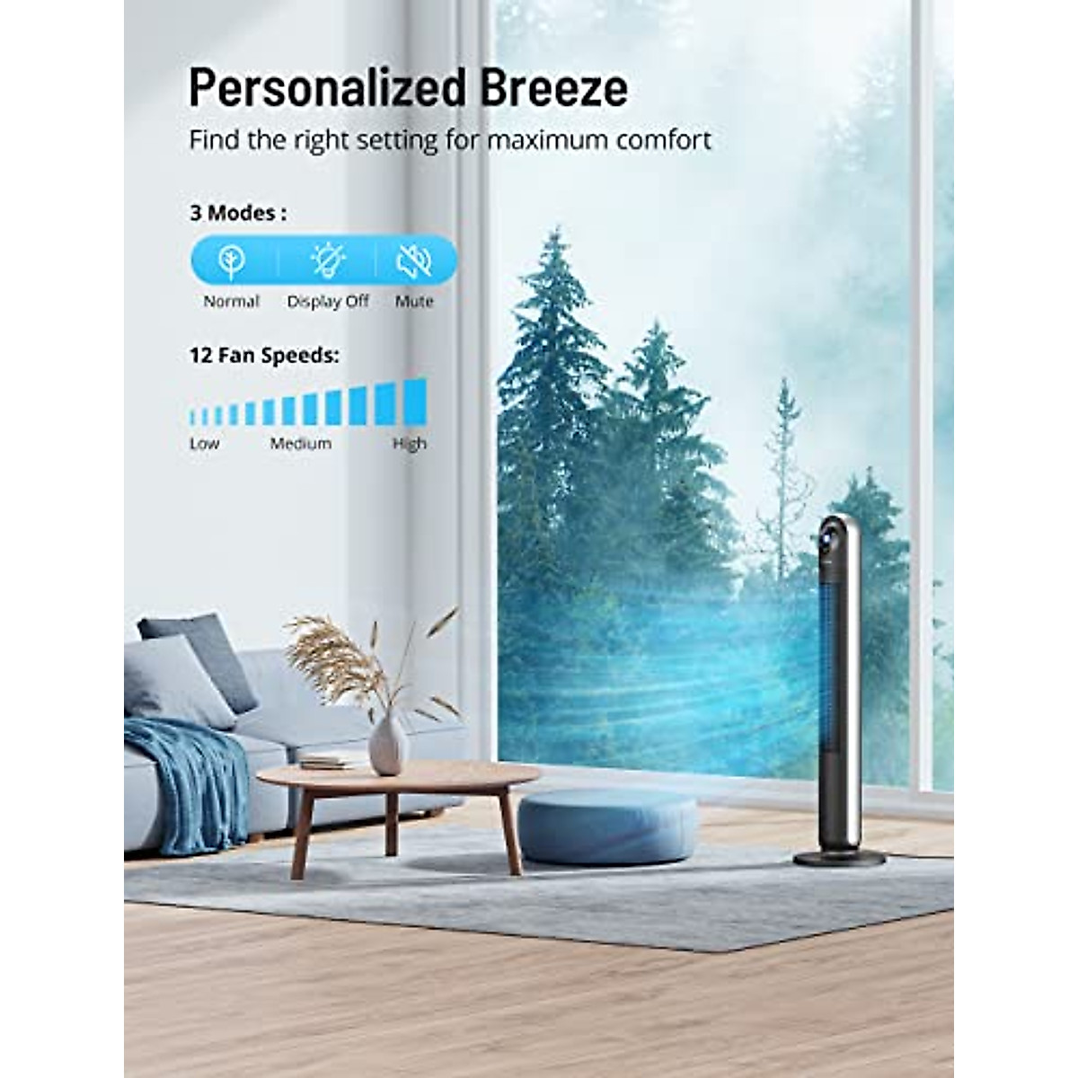 PARIS RHÔNE Tower Fan, 44" Oscillating Standing Tower Fan, 24dB Quiet DC Cooling Fan, 12 Speeds Bladeless Fan with Remote, 24H Timer, LED Display, Portable Floor Fan for Bedroom Home Office