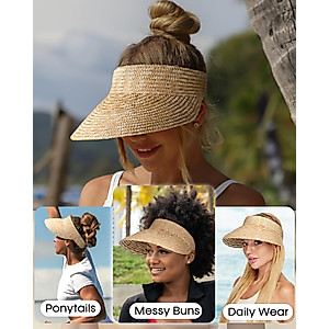 FURTALK Natural Straw Visors Sun Visor Hats for Womens Summer Straw Sun Beach Hat Foldable Roll Up Ponytail Beach Hat