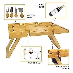 PERLADAR Portable Picnic Table for Wine and Glass, Outdoor Wooden Foldable Champagne Picnic Table, Bamboo Snack & Cheese Tray for Beach/Indoor/Outdoor
