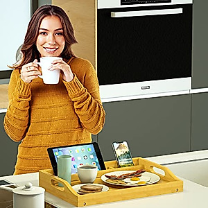 Bed Tray Table with Handles Folding Legs,Bamboo Breakfast Food Tray with Media Slot,Use As Platter,Laptop Desk,Snack,TV Tray Kitchen Serving Tray(Beige,Medium)