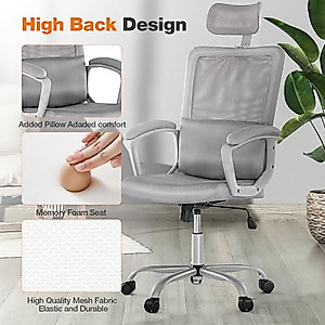 Sweetcrispy Ergonomic Home Office Desk Chair, Mesh Swivel Rolling Computer Chair with Adjustable Headrest, Soft PU Armrest, and Lumbar Support