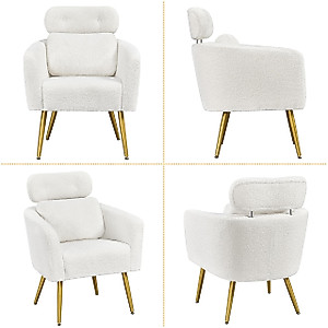 Yaheetech Accent Chair, Cozy Living Room Chair with Adjustable Headrest, Boucle Vanity Chair with Lumbar Pillow and Golden Legs, Modern Armchair for Bedroom Lounge Waiting Room Office, White