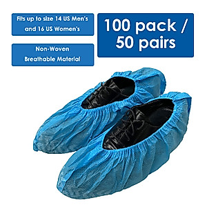 Buena Goods 100 Pack Extra Large Disposable Blue Boot and Shoe Covers - Indoor Reusable Shoe Covers Disposable - Non Slip Booties - Fits US Men's Size 14 and Women's 16 Size
