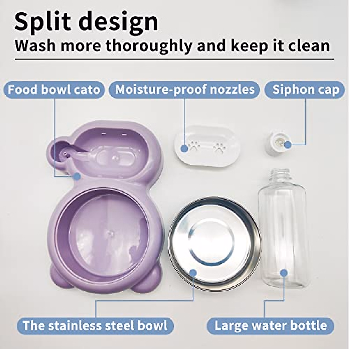 Kathson Double Dog Cat Bowls, Kitten Food and Water Bowl Set Stainless Steel Detachable Puppy Feeder and Automatic Water Dispenser Pet Feeder for Small Size Dog (Purple)