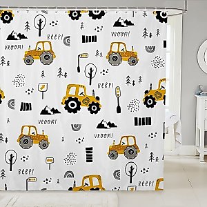 Construction Shower Curtain 72"Wx78"L,Cartoon Car Vehicles Bath Curtain for Toddler Kids,Retro Tractors Trucks Bathroom Curtain,Kawaii Yellow White Home Stalls Bathtubs Decor Boys Truck Room Decor