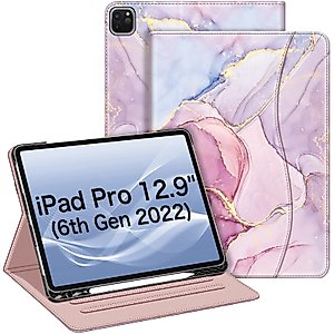 Fintie Folio Case for iPad Pro 12.9" 6th Generation 2022, Multi-Angle Smart Stand Cover w/Pencil Holder & Pocket, Also Fit iPad Pro 12.9 2021 5th & 2020 4th & 2018 3rd Gen, Dreamy Marble