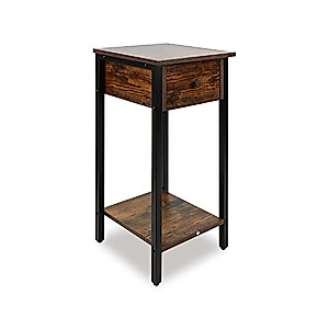 ECOMEX 2-Tier Nightstand Side Table with Wooden Drawer and Open Wooden Shelf Solid Metal Legs Rustic Brown Industrial Wooden Bed Side Table for Bedroom Living Room Small Space, Tall
