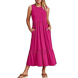 ANRABESS Women's Summer Casual Sleeveless Crewneck Swing Sundress Fit & Flare Flowy Tiered Maxi Dress with Pockets 499shenmeihong-XL Rose