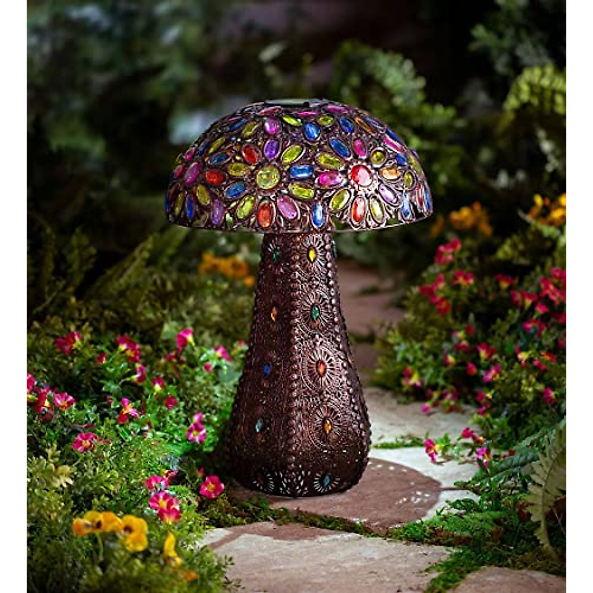 Wind & Weather Metal Solar Lighted Mushroom 13.25-Inch Diameter by 20.5-Inch High Home and Garden Decor Solar Mushroom with Acrylic Beads Glows at Night with Solar Panel