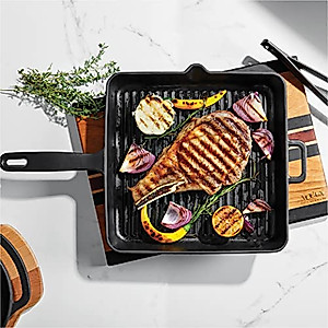 Voeux Kitchenware-Cast Iron Square Grill Pan,Griddle Nonstick Stove Top Grill Pan,Oven, Broiler, Grill Safe, Kitchen Skillet Restaurant Chef Pan, Easy Grease Draining For Grilling (Matte Black, 9.8)