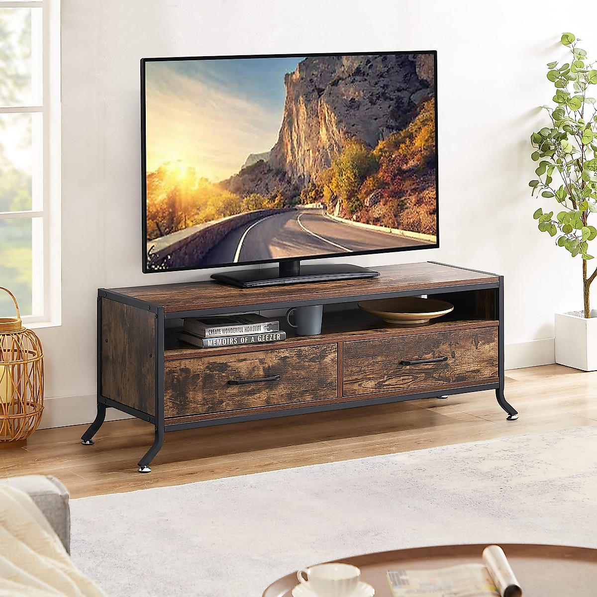 VECELO TV Stand for 55 Inch Industrial Entertainment Center Media Console Table with Storage Drawers for Living Room, 47.2 Inch, Brown