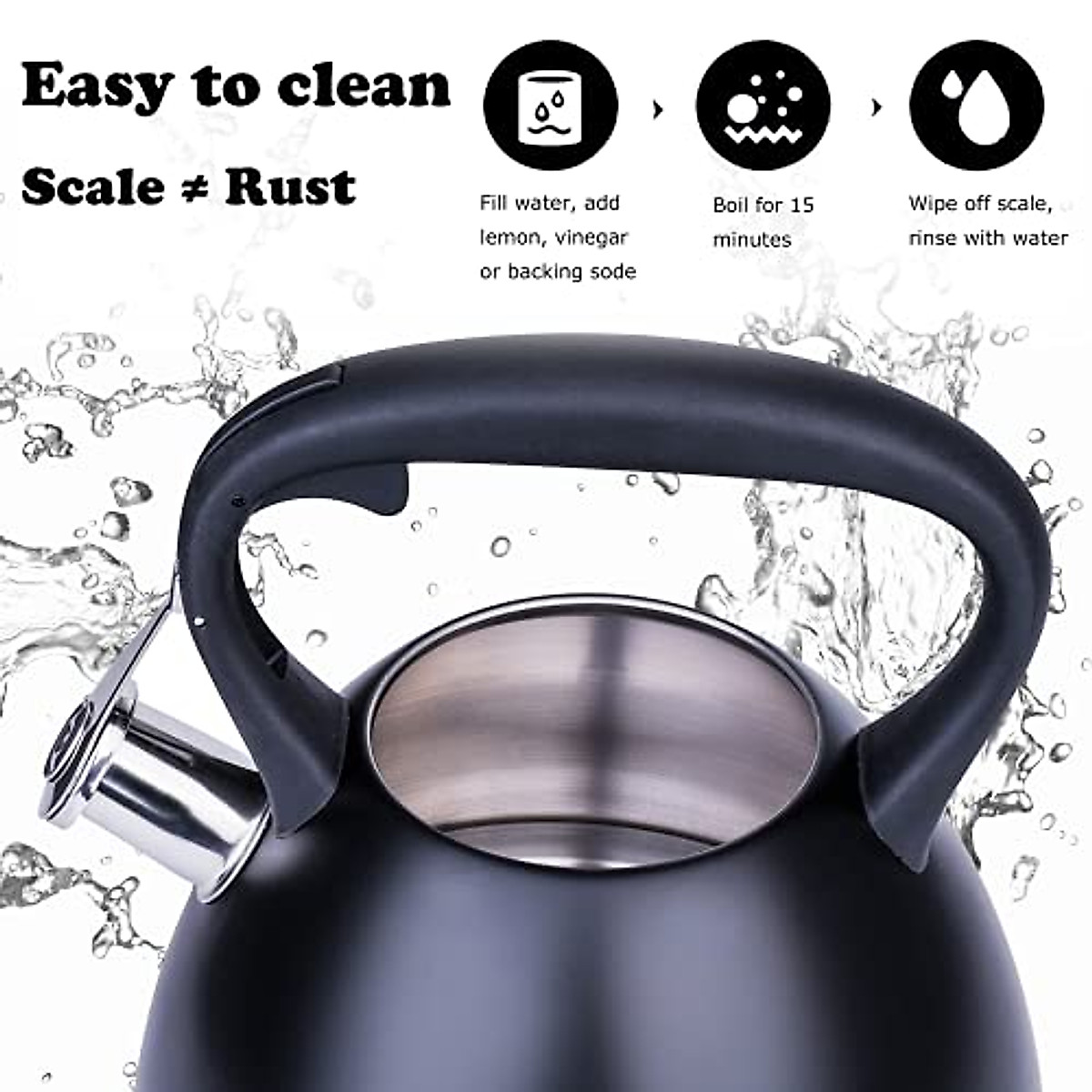 ARC, 346, 3.2 Quart / 3L Tea Kettle Food Grade with Heat Resistance Handle, Stainless Steel Teapot for Stovetop, Anti-Rust and Loud Whistling (3L - Black durable color 3)
