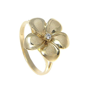 Arthur's Jewelry 14K solid yellow gold 15mm Hawaiian single plumeria flower cz ring