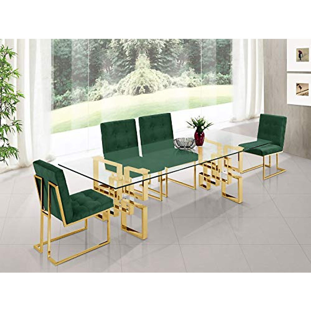 Meridian Furniture Pierre Collection Modern | Contemporary Velvet Dining Chair with Luxurious Deep Tufting and Polished Gold Metal Frame, Set of 2, Green, 18.5" W x 25" D x 36.5" H