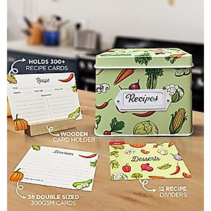 Complete Kitchen Recipe Box Set with 36 Cards, 12 Dividers & Wooden Card Holder | Recipe Card Organizer, Decorative Metal Recipe Tin Set for 4x6 Cards