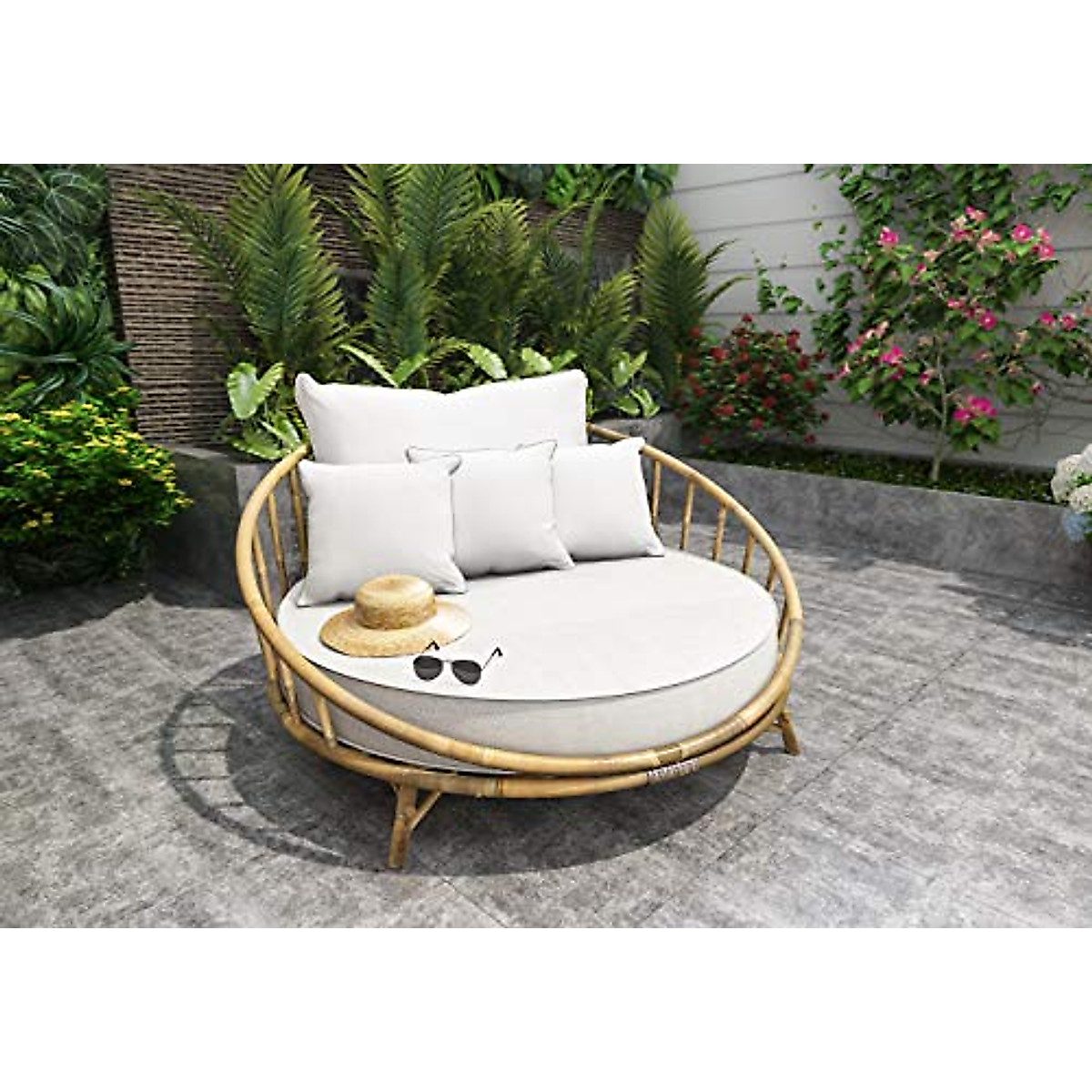 Zew Bamboo Daybed Outdoor Indoor Large Accent Sofa Chair Lawn Pool Garden Seating with Cushion and Pillows Natural Rattan Round Sofabed v.2021