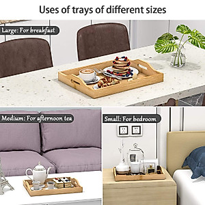 Farmhouse Serving Tray with Handles, Large Rectangular Snack Food Tray, Bamboo Serving Platter for Breakfast, Tea Coffee Table, Nesting Ottoman Bed Tray, Decorative Party Supplies, Set of 3 (Natural)