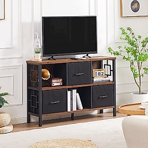 HOMISSUE 6 Cube Storage Organizer, Industrial Cube Storage Shelf with 3 Foldable Cube Storage Bin, Long Horizontal Bookshelf with Metal Frame, Low Bookshelf for Living Room and Office, Rustic Brown