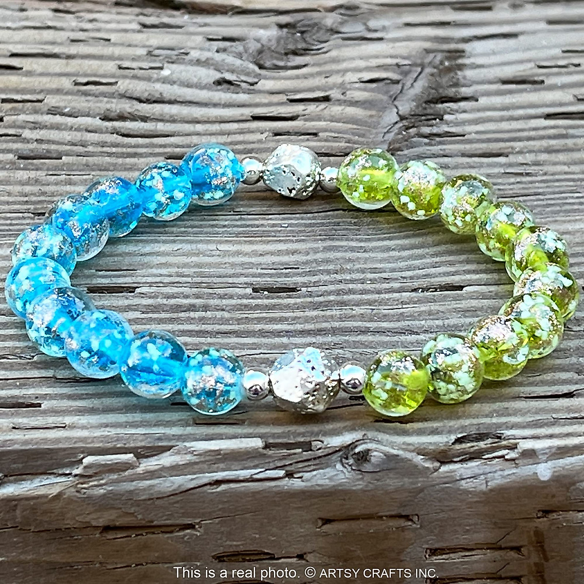 ARTSY CRAFTS INC Glow in The Dark Beads Bracelet, European Lampwork Bead Bracelet, Luminous Beads Anxiety Stress Relief Healing Crystal Chakra Bracelets Women Men (Blue and Lime)