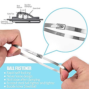 100PCS 11.8Inch Metal Cable Zip Ties - 304 stainless steel Heavy Duty Self-locking Cable Wire Tie Wrap for Fence Exhaust Wrapping Car Outdoor Canopy Automotive