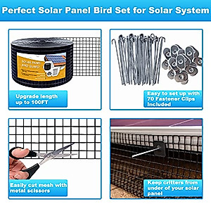 Solar Panel Bird Guard,6inx100FT Critter Guard PVC Coated, Solar Panels Birds from Entering Nesting Roll Kit/Critter Guard with 70 Fastener Clips Rooftop Bird Screen Mesh for Squirrel Bird Critters