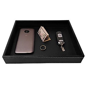 Valet Tray, Dresser Organizer, Desk Tray, Bedside Organizer, Key Bowl, Nightstand Organizer for Men, EDC Tray, Black PU Leather, 10.3 x 8.3 x 1.6 inches