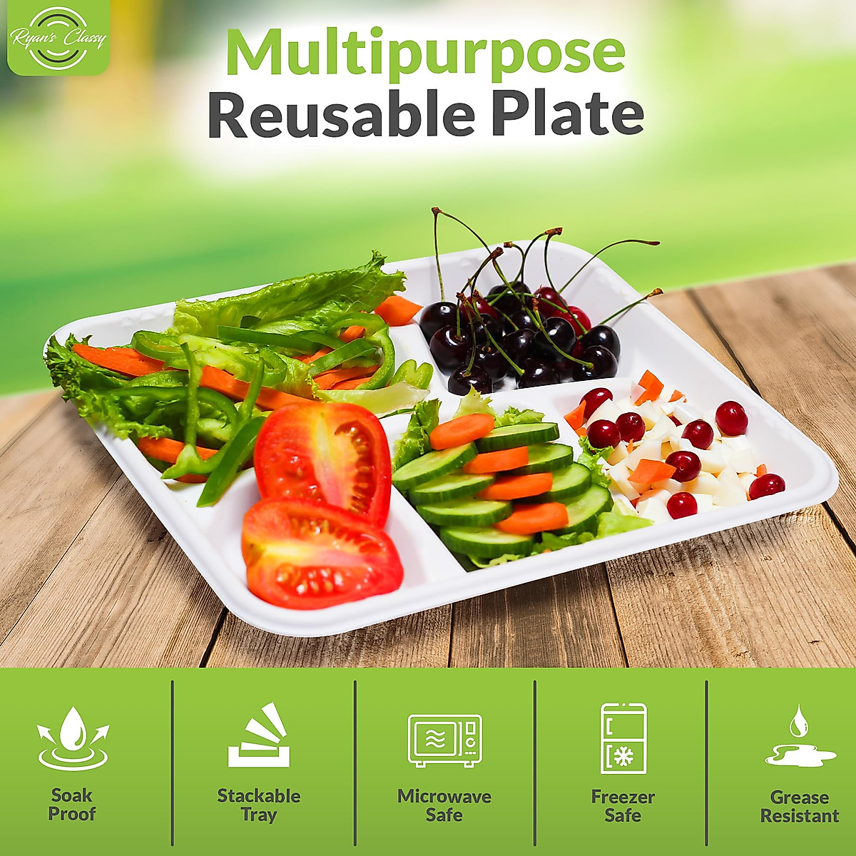 Ryan's Classy Plastic 5 Compartment Plates Disposable, 125 Pack Heavy-Duty Paper Plates with Compartment 10.5 x 8.5 inches Asian Plates Microwave Freezer Safe, Eco-Friendly School Lunch Trays