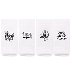 NEGIGA Camping Kitchen Towels and Dishcloths Sets 24x16 Inch Set of 4,Campsite RV Decor Decorative Dish Hand Tea Bath Towels for Kitchen Bathroom,Happy Camper Sweet Camper Towels Set