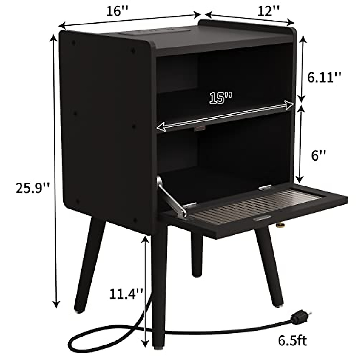 SOOWERY Mid Century Modern Nightstand with Charging Station, Bedside Tables with Glass Decorative Door, End Table Side Table with 2 Tiers Storage Space, for Bedroom, Living Room, Black