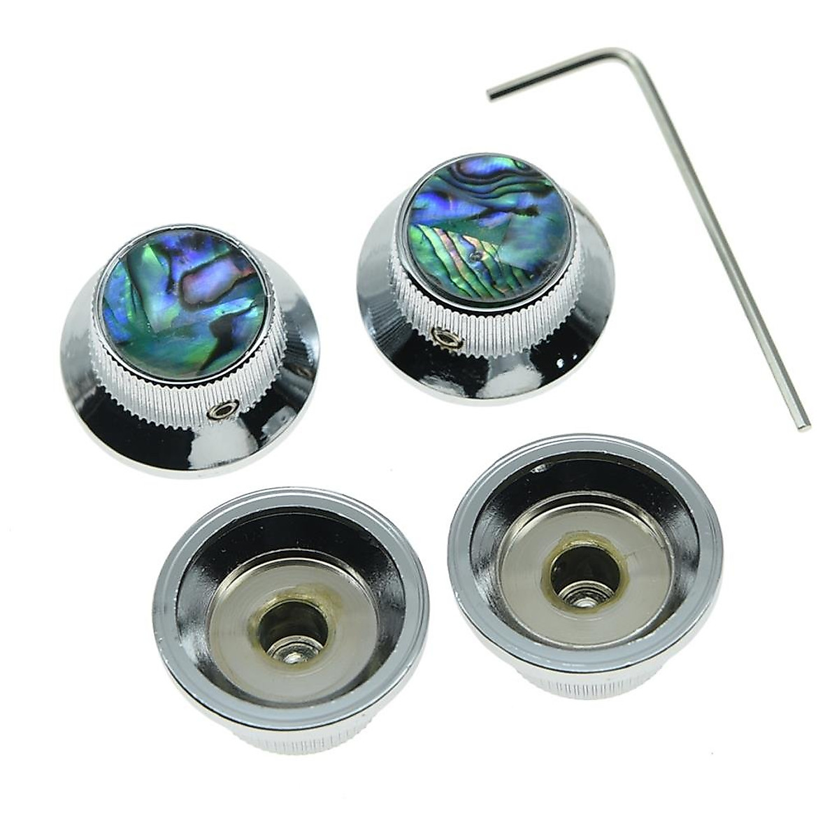 KAISH 4x Abalone Top Chrome LP Top Hat Knobs with Set Screw Metal Bell Knobs for Guitar Bass with 6mm Shaft Pots
