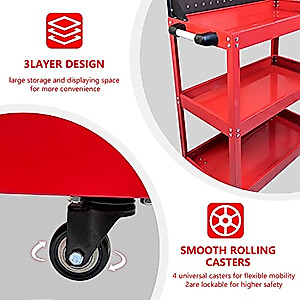 JOY-TECH 3-Tier Utility Rooling Tool Cart, Heavy Duty Industrial Service Tool Cart w/Lockable Wheels, 350lbs Load Capacity, Mechanic on Wheel,Garage Organizers and Storage