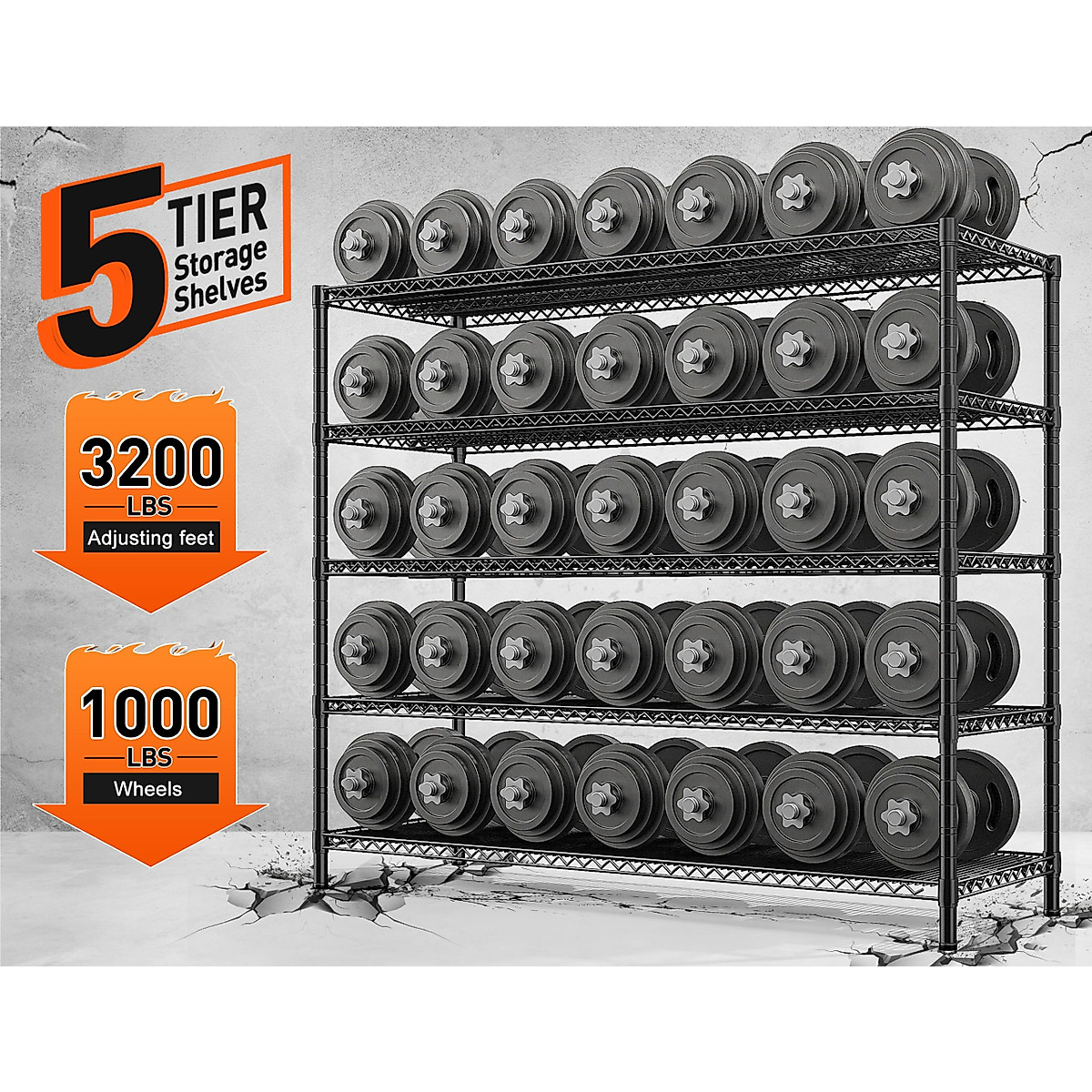 REIBII 85.7"H Storage Shelves 3200LBS 5 Tier Wire Shelving Unit with Wheels 55.5" W Heavy Duty Shelving Rack Adjustable Metal Shelves for Kitchen Pantry College Dorm School 85.7"H X 55.5"W X 24.2"D